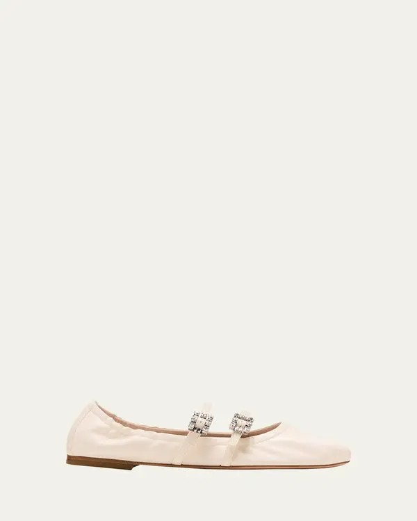 ROGER VIVIER Leather Strass Dual Buckle Ballerina Flats - Cire