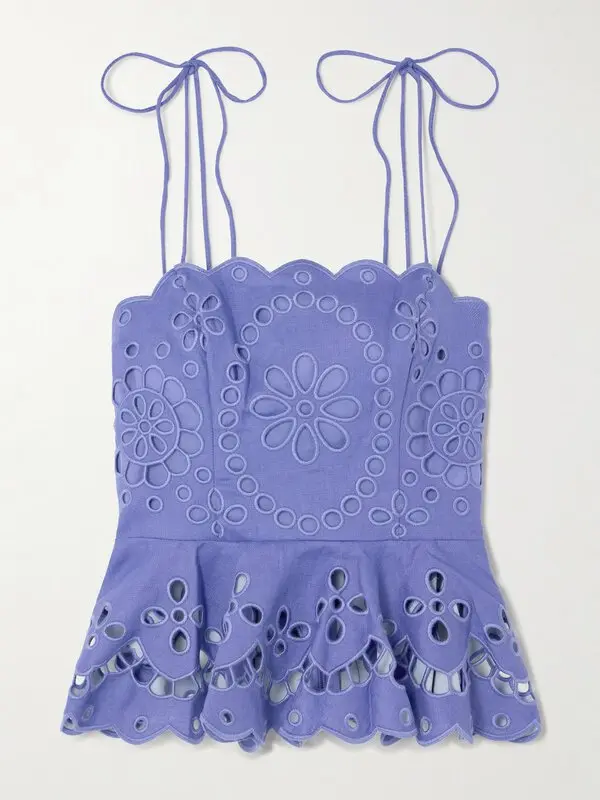 Zimmermann Pop Embellished Broderie Anglaise Linen Peplum Top