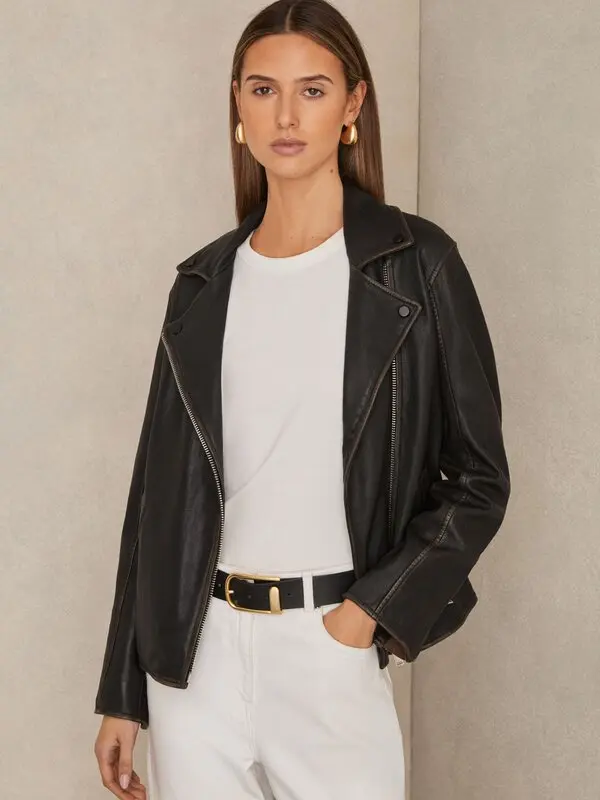 REISS Beau Relaxed Leather Biker Jacket
