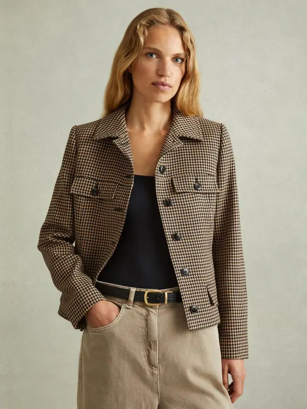 REISS Lena Dogtooth Check Collared Jacket