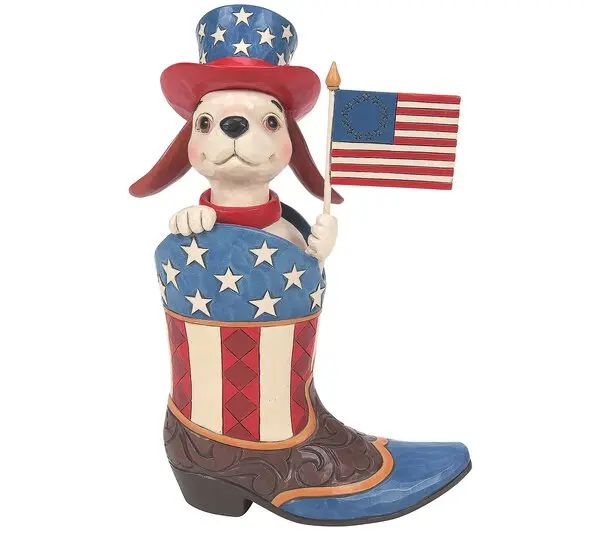 JIM SHORE Boot With Dog Holding Flag Figurine