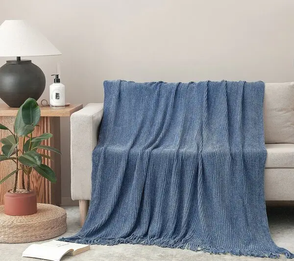 PUR SERENITY Ultra Soft Chenille Throw Blanket With Fringes, 50 X 60 Inche