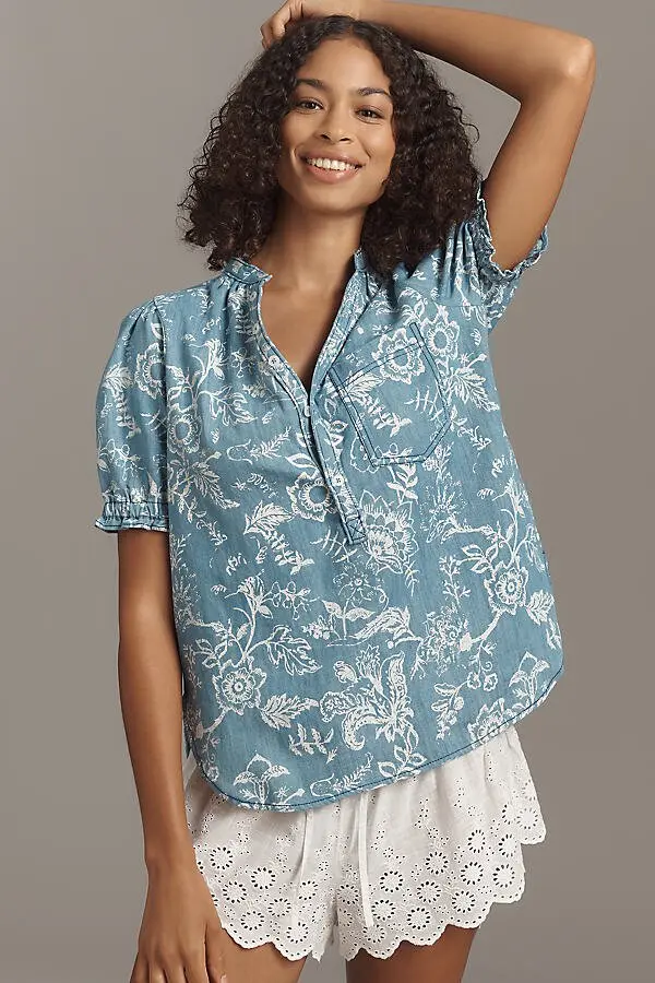 PILCRO Aly Puff-sleeve Blouse - Light Denim
