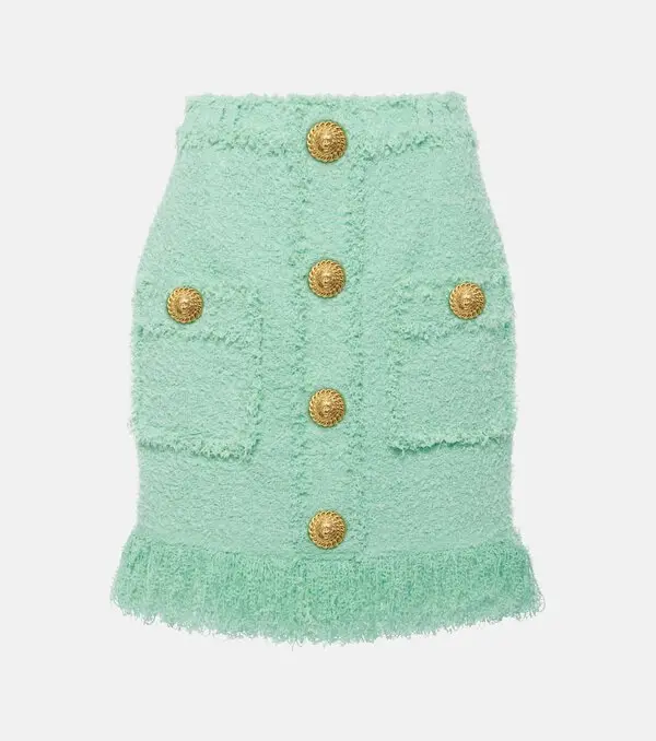 Balmain Fringed Tweed Miniskirt - Green