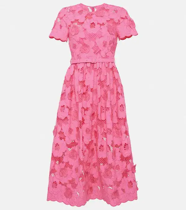 Self-Portrait Cotton-Blend Lace Midi Dress In Pink - 20% Off | Editorialist
