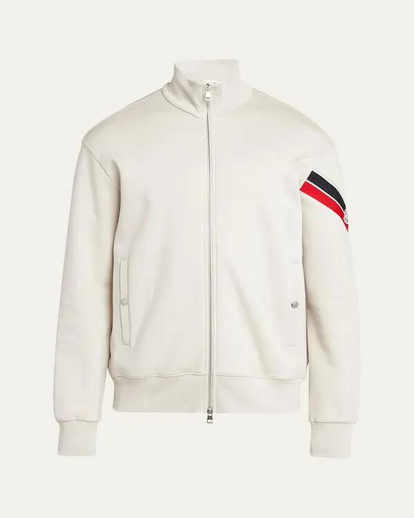 Moncler Zip-up Cotton Jacket With Striped Sleeve - Natural