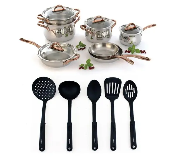 BERGHOFF Ouro Gold 16pc 18/10 Ss Cookware Set W Th Glass Lids