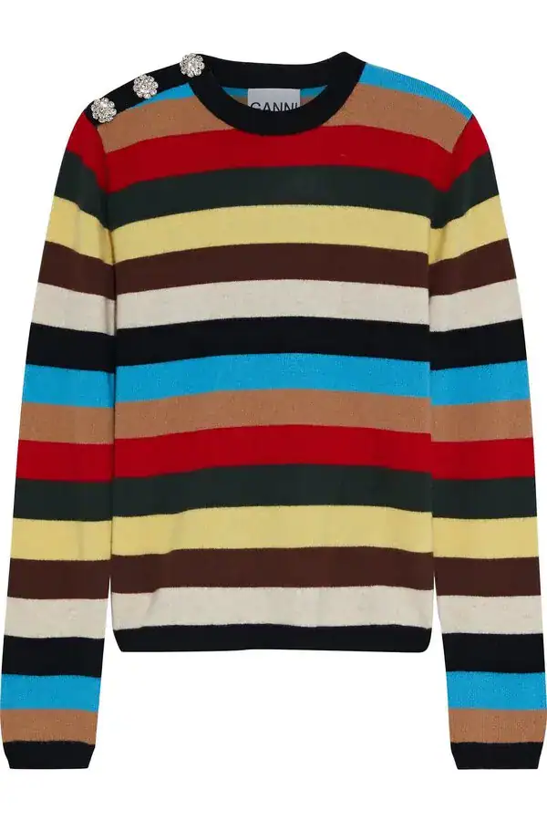 Ganni Buttonembellished Striped Cashmere Sweater In Multicolor