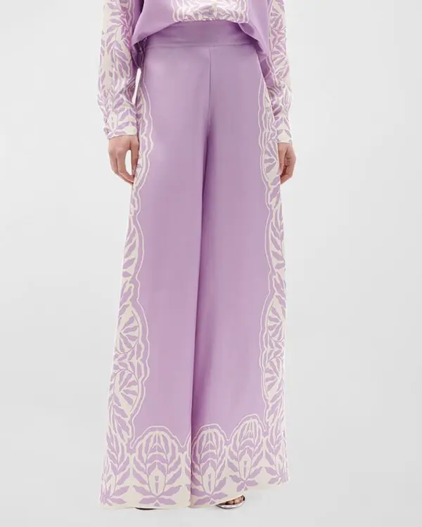 Figue Noemie Border-print Wide-leg Silk Pants