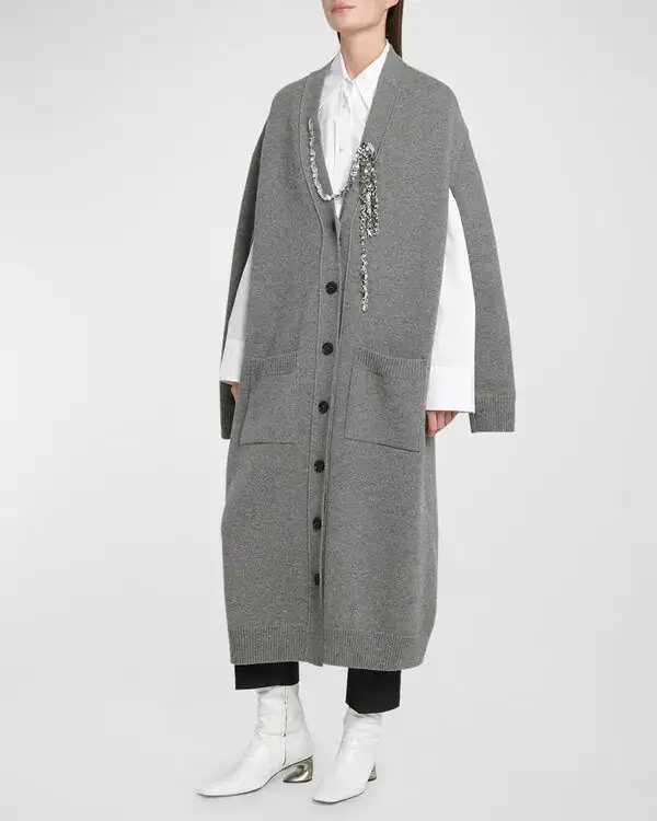 Jil Sander Chain-Detail Long Wool-Cashmere Cardigan Rainstorm