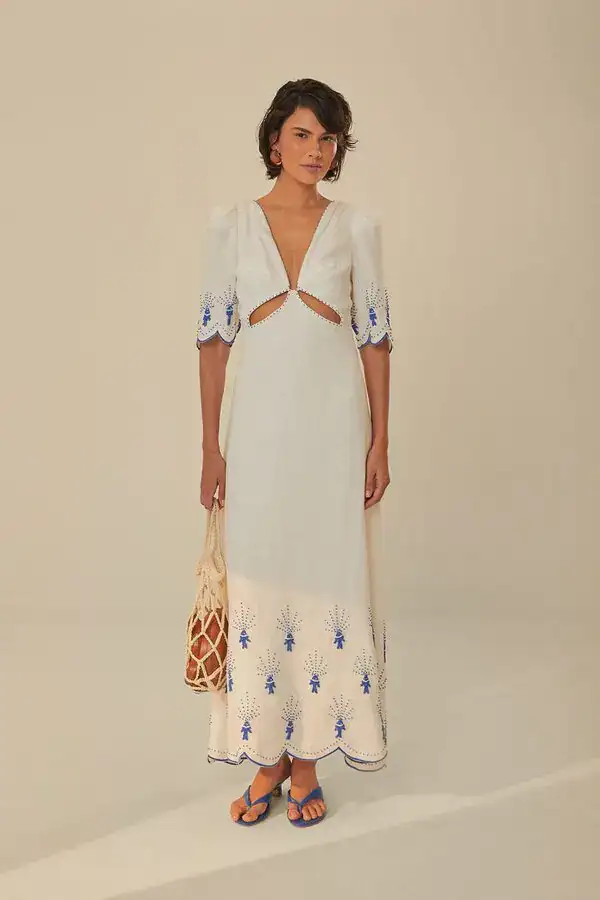 Farm Rio Active Off-White Sea Of Fish Embroidered Midi Dress - Sea Of Fish  Off-White
