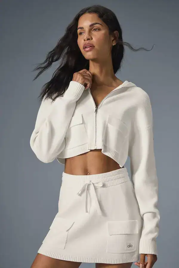 Alo Yoga Scholar Knit Cargo Full Zip Hoodie In Ivory - 30% Off