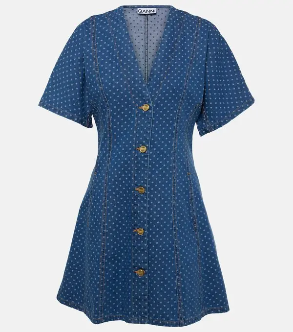 GANNI Polka-dot Denim Minidress - Blue