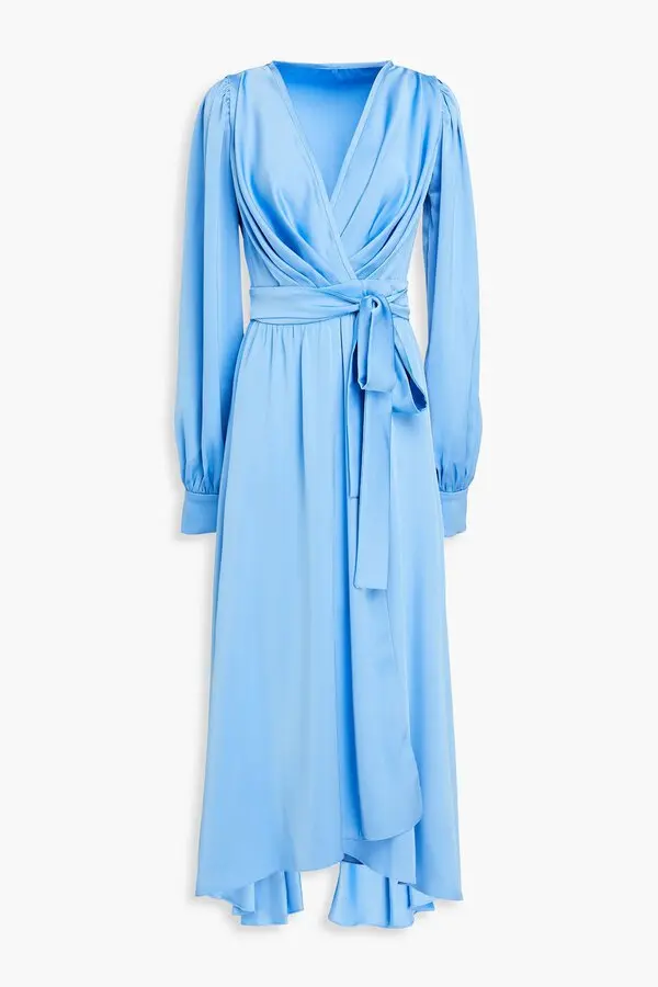 RHEA COSTA Gathered Satin Midi Wrap Dress