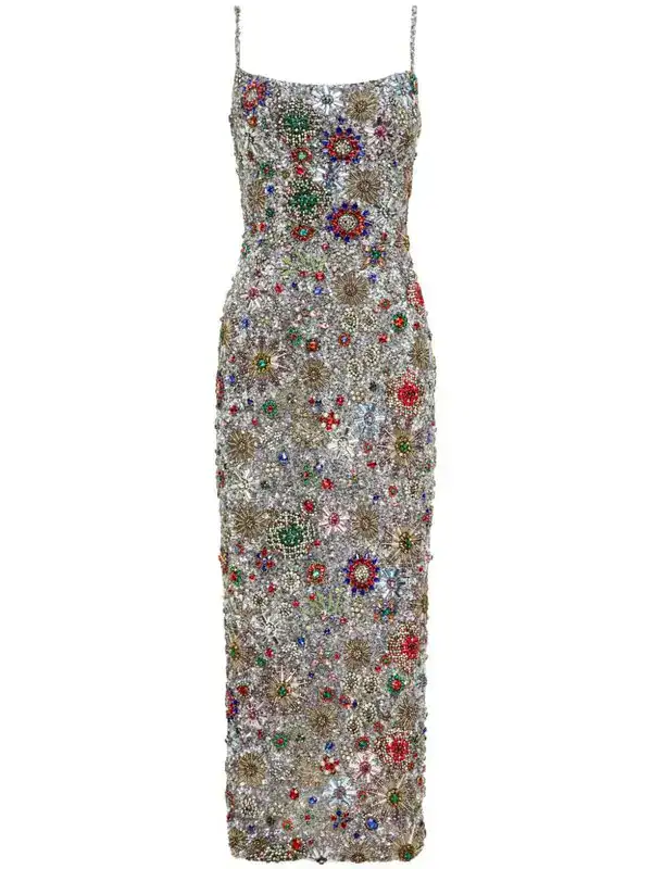 Rachel Gilbert Kori Embroidered Midi Dress - Silver | Editorialist