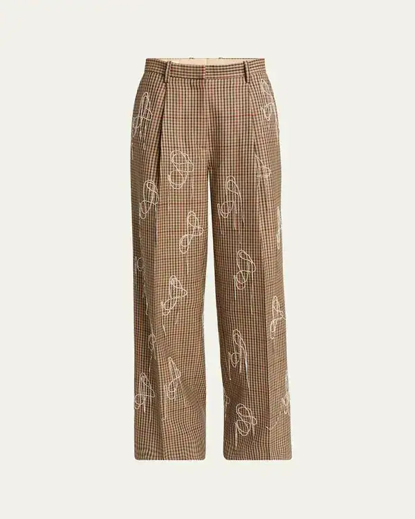 Dries Van Noten Porter Gingham Crystal Wide Leg Wool Pants - Rust ...