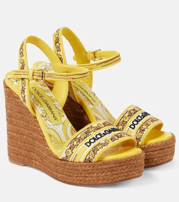 Dolce & Gabbana Majolica Leather-trimmed Espadrille Wedges - Yellow