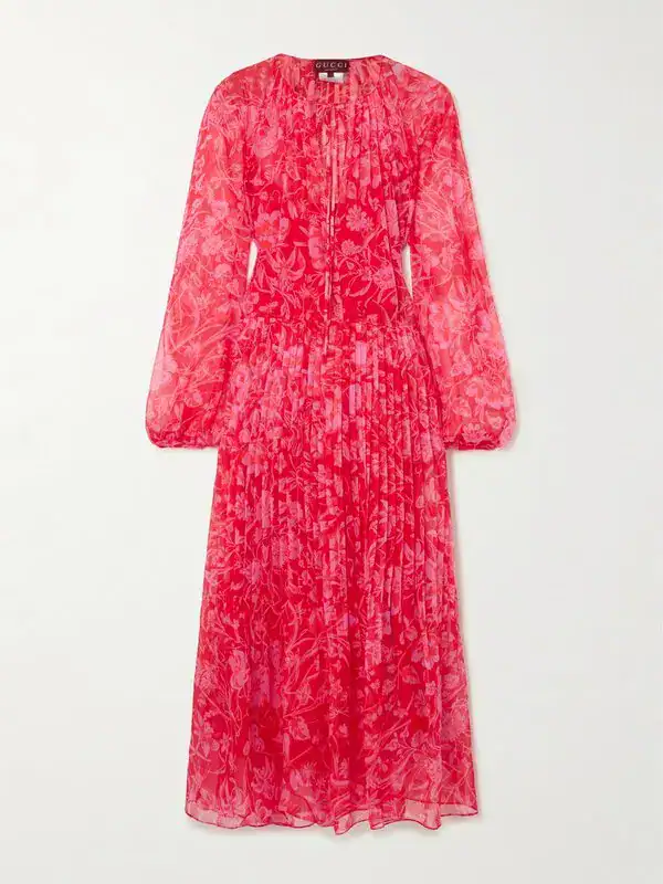 Gucci Tie-Detailed Pleated Floral-Print Silk-Chiffon Midi Dress - Red |  Editorialist