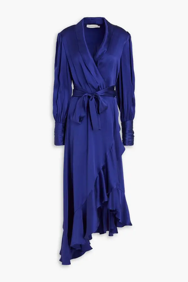 Zimmermann Asymmetric Ruffled Silksatin Midi Wrap Dress - Indigo