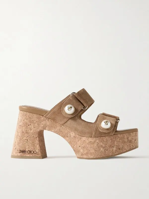 JIMMY CHOO Fayence 95 Faux Pearl-embellished Suede Platform Mules - Brown