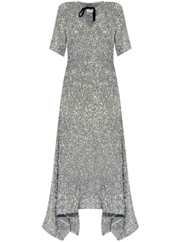 ganni silver sequin dress NWT GANNI Sonora Silver Wrap Sequin Midi Dress 34 US 2