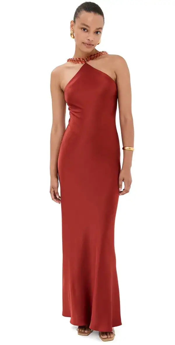 chinese dress ladies Cadence Black Satin Pearl Halter Maxi Dress