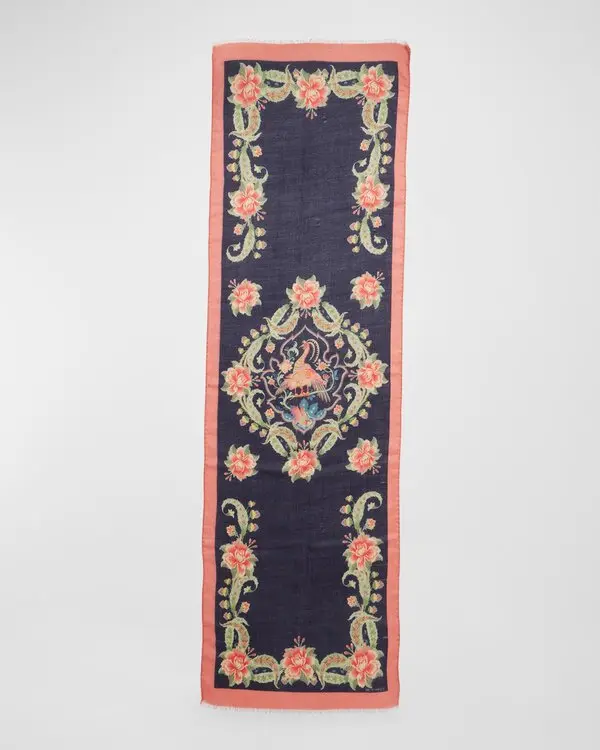 Etro Floral Print Denim Wool-blend Scarf - Print On Blue Base