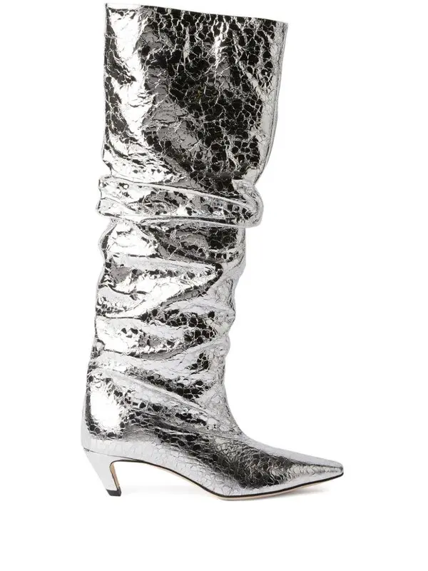 MSGM Ruched Foiled Leather Boots - Silver