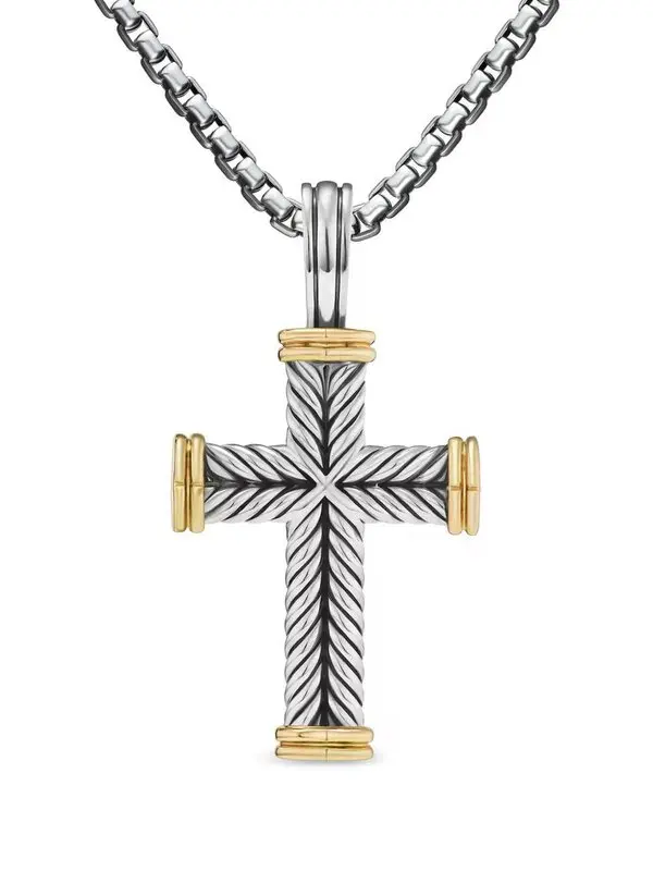 David Yurman 18kt Yellow Gold And Sterling Chevron Cross Pendant - Silver