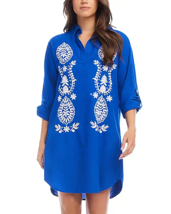 Karen Kane Embroidered Roll Tab Shirt Dress In Blue - 69% Off | Editorialist