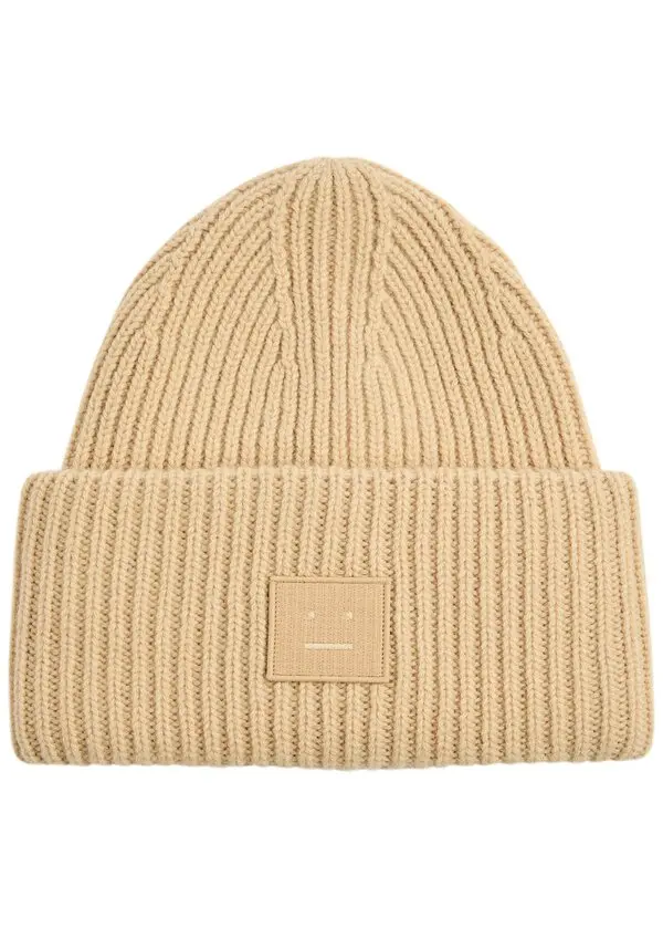 Acne Studios Logo Ribbed Wool Beanie - Beige
