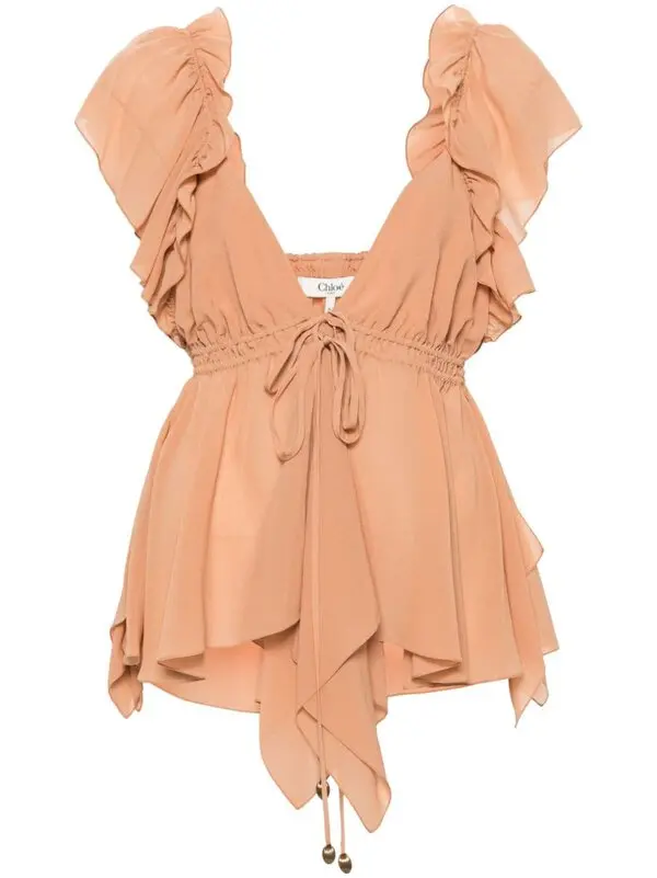 Chloé Ruffled Sleeveless Silk Blouse - Orange