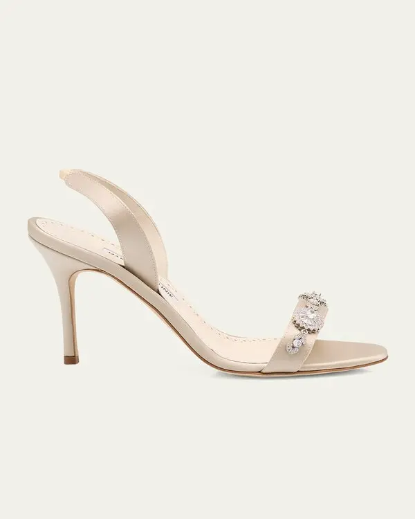 Manolo Blahnik Crystal Satin Halter Sandals - Cream