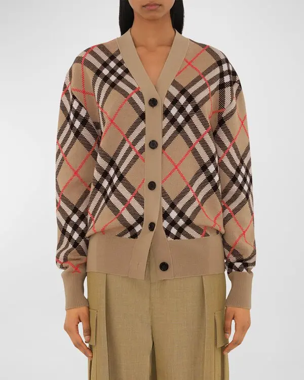 Burberry Check Intarsia V-neck Cardigan - Sand Ip Check