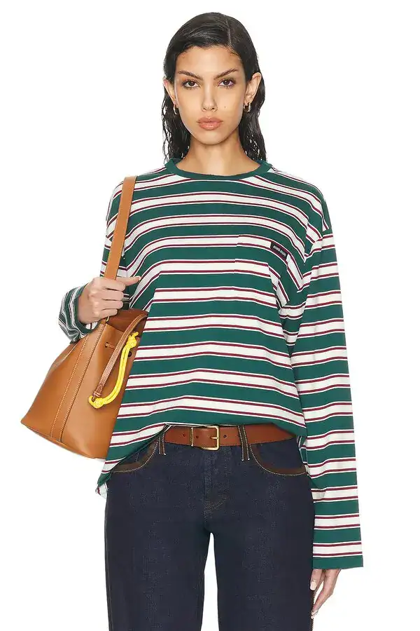 Miu Miu Long Sleeve Shirt In Dark Green - Verde Bianco & Cognac  