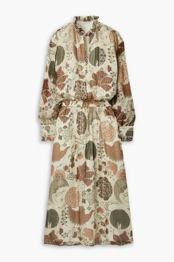 Lafayette 148 New York Pleated Embroidered Printed Silk-blend Chiffon Midi Dress