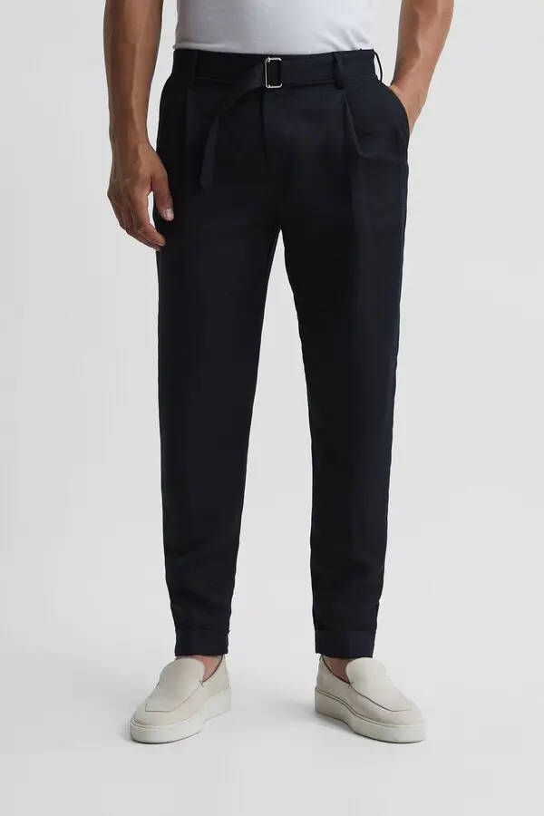 Reiss Crease Linen Tapered Trousers In Navy - 80% Off | Editorialist