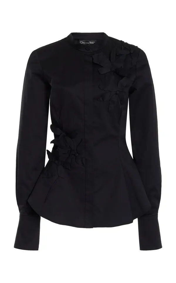 Oscar De La Renta Long Sleeve Orchid Cotton Stretch Blouse