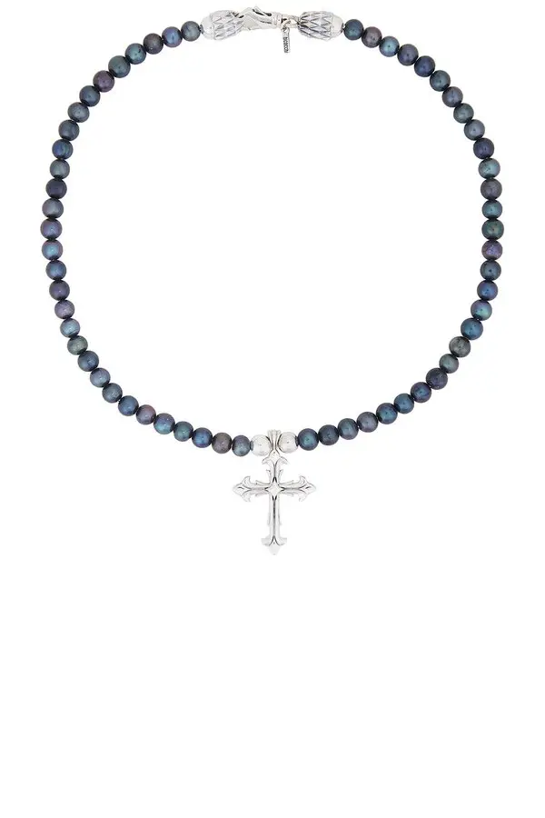Emanuele Bicocchi Pearl Necklace With Cross Pendant - Black & Silver