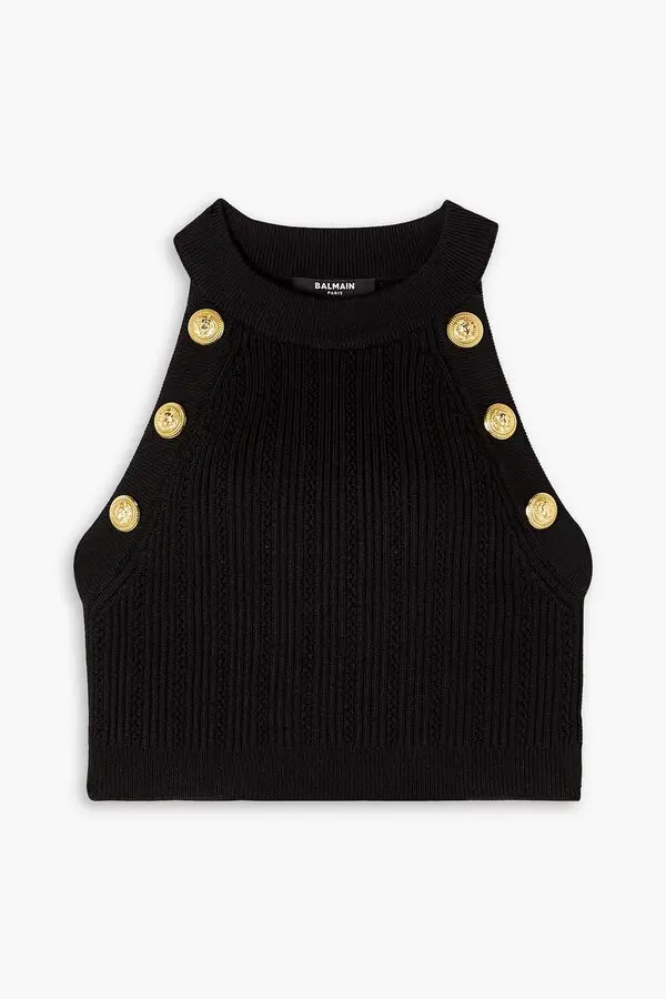 Balmain Cropped Embellished Ribbedknit Halterneck Top In Black