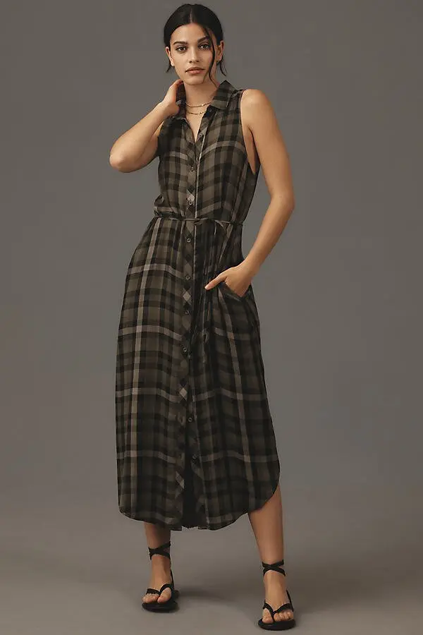 Bella Dahl Sleeveless Collared Midi Shirt Dress In Green - 49% Off