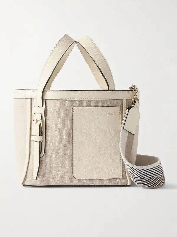 VALEXTRA Mini Textured Leather-trimmed Canvas Shoulder Bag