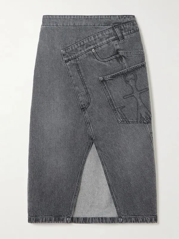 JW Anderson Twisted Asymmetric Denim Midi Skirt - Gray