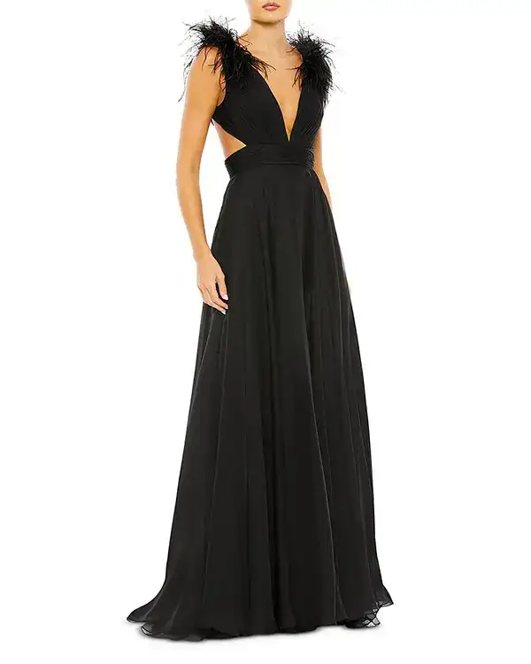feather trim asymmetric dress mac duggal One Shoulder Feather Trim Gown
