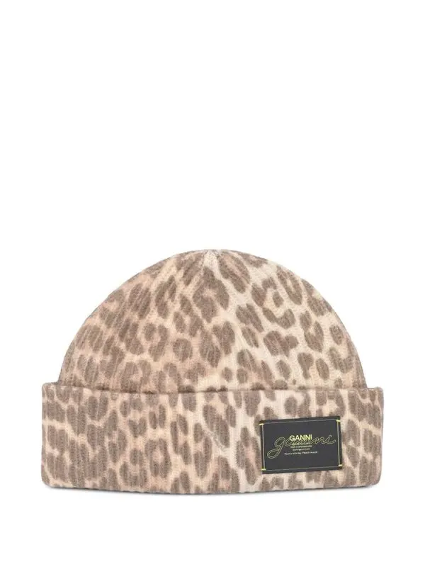 GANNI Printed Beanie - Brown