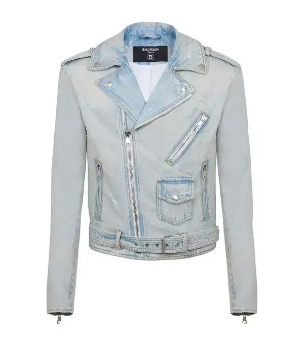 Balmain Cotton Denim Biker Jacket - Blue | Editorialist