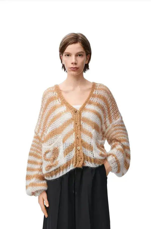 Loewe Luxury Anagram Cardigan In Mohair - White/Camel | Editorialist