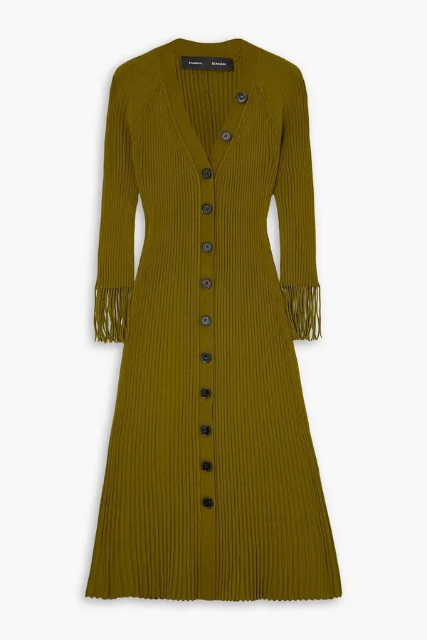 Proenza Schouler Fringed Ribbed-knit Midi Dress - Army Green