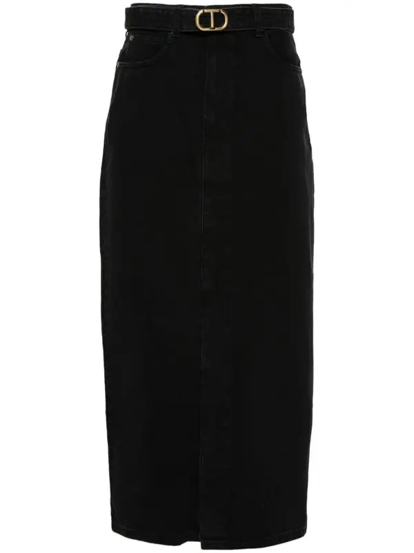 TWINSET Belted Denim Midi Skirt - Black