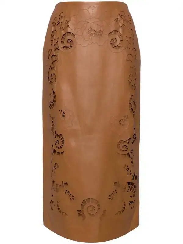 Oscar De La Renta Laser-Cut Leather Midi Skirt In Brown 59% Off